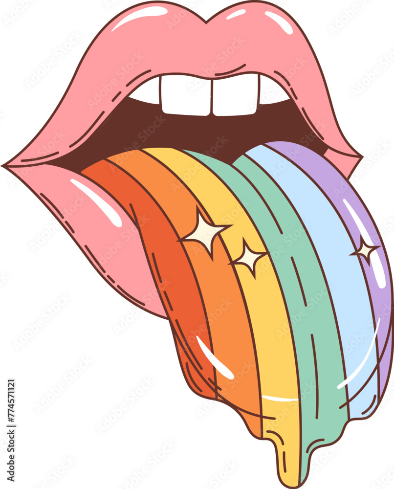 Cartoon hippie groovy lips with rainbow. Isolated vector pink female open mouth with colorful ...