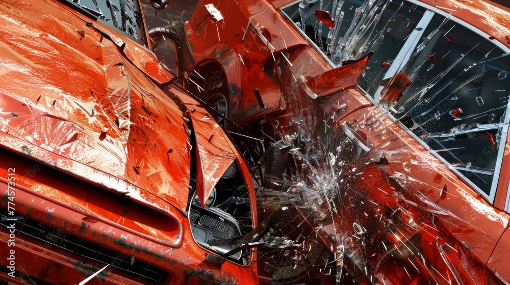 A close-up view of a red car that has been severely smashed in half ...