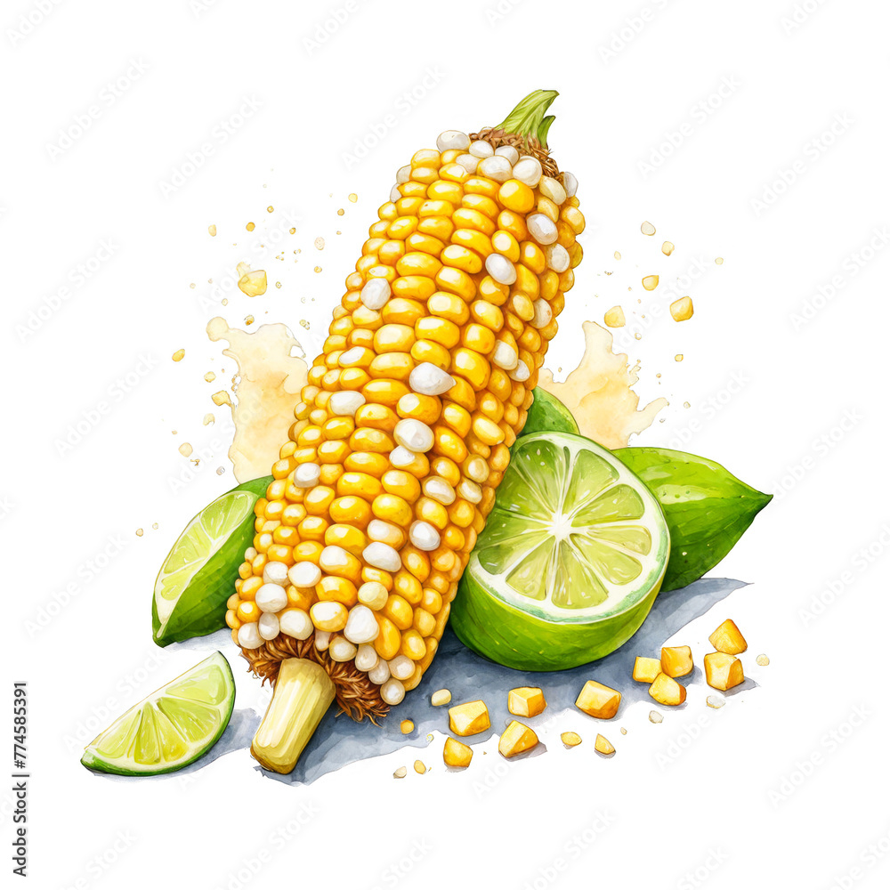 Mexican street corn elote, grilled corn, watercolor illustration ...