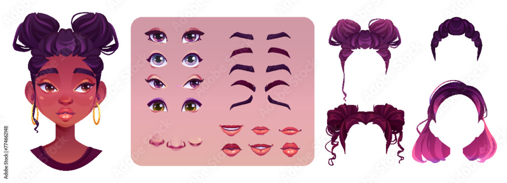 African woman face avatar construction cartoon set. Young female ...