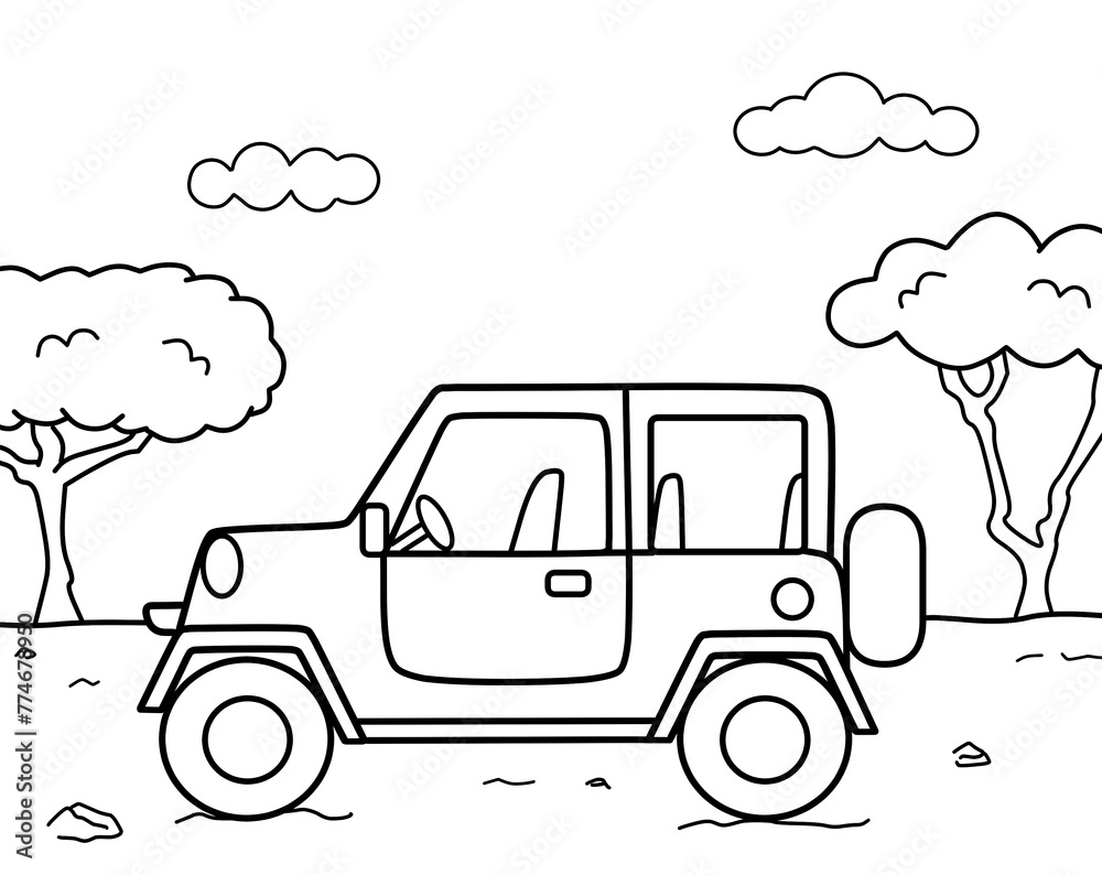 Safari jeep drawing, Coloring page for kids. Children's coloring ...