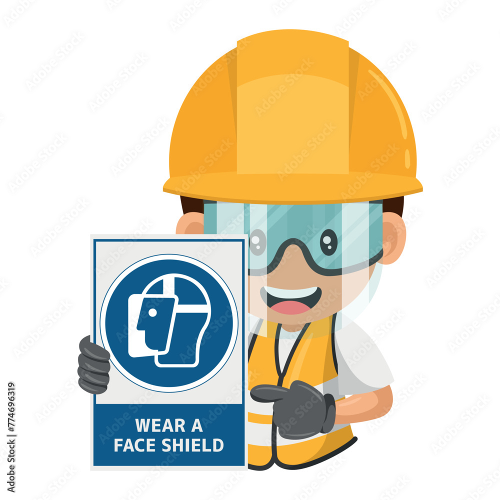 Industrial construction worker with mandatory sign wear a face shield ...