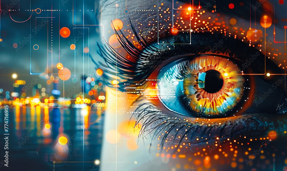 Eye with digital overlay, data points, and silhouette exploring datasets, representing data ...