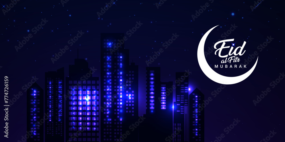Eid new moon calligraphy logo and night building on dark blue Islamic ...