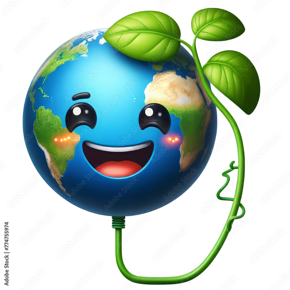 Green Earth Cartoon Emoji Planet with Sprout Smiling Face of 3D Planet ...