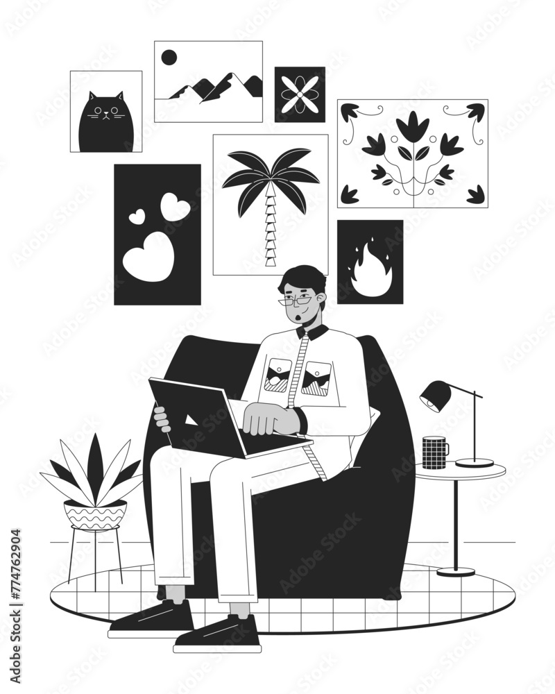 Work comfortable black and white line illustration. Arab web developer ...