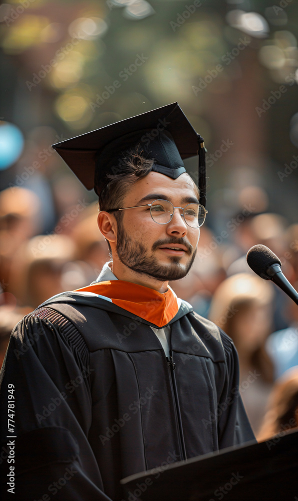 Confident male graduate delivering speech at podium. Academic success ...