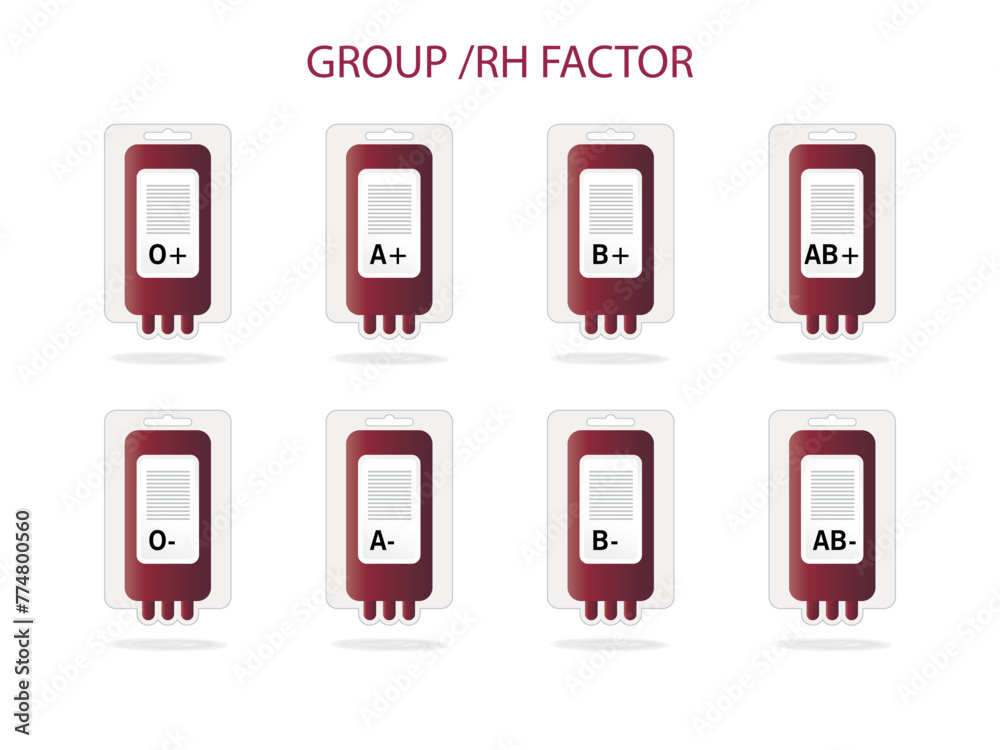 Types of blood groups, icons of blood bags and in each one of them the ...