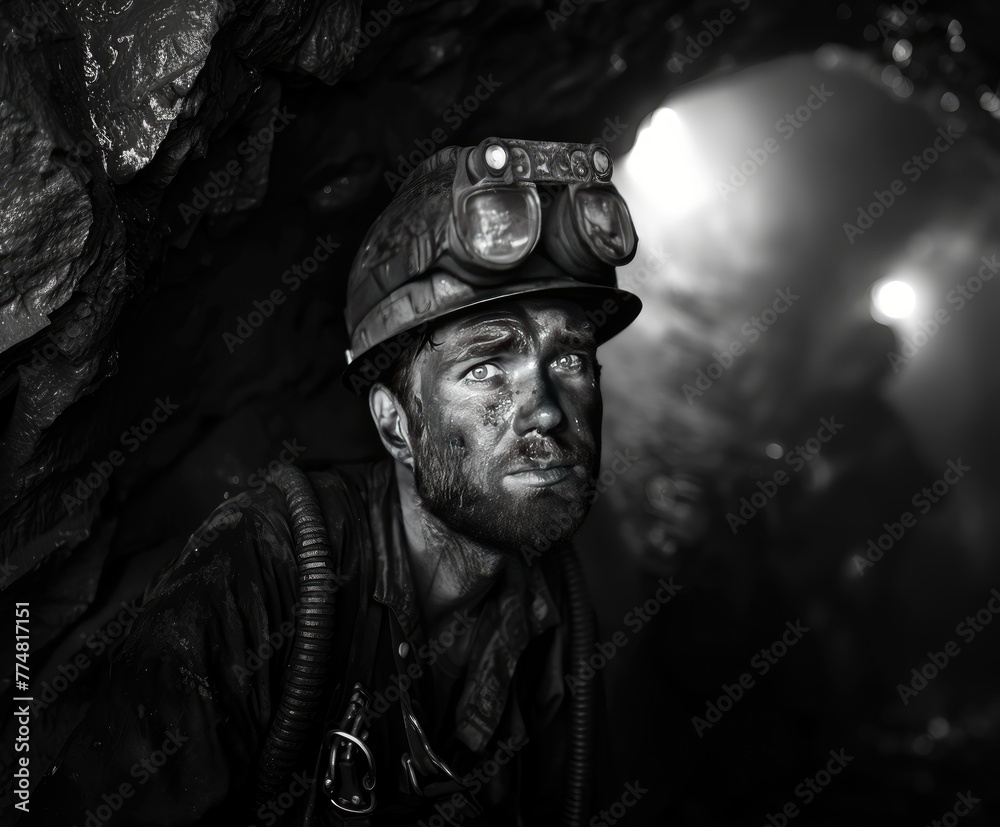 A close-up of a miner's face, depicted in striking black and white ...