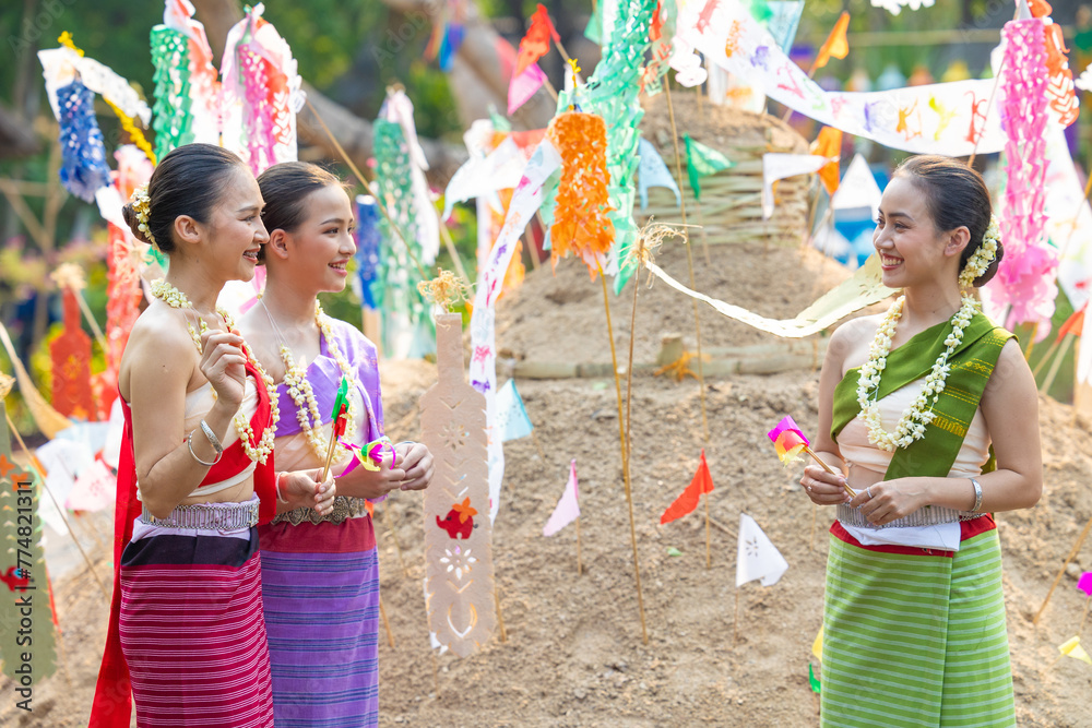 Songkran festival. Northern Thai people in Traditional clothes dressing ...
