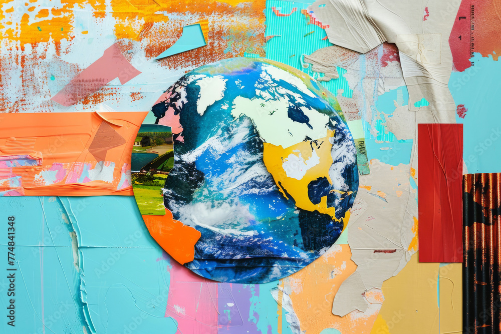 World, globe and collage art made of paper school project, humanity and ...