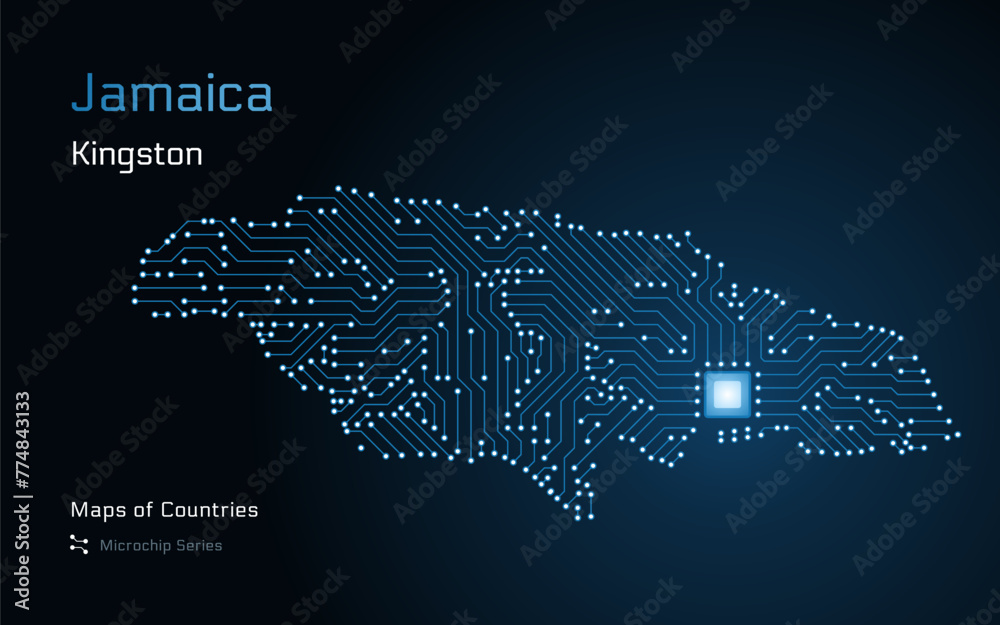 Jamaica Map with a capital of Kingston Shown in a Microchip Pattern ...