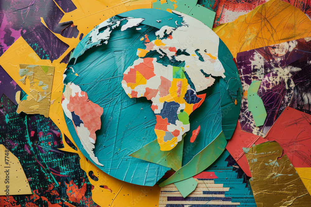 World, globe and collage art made of paper school project, humanity and ...
