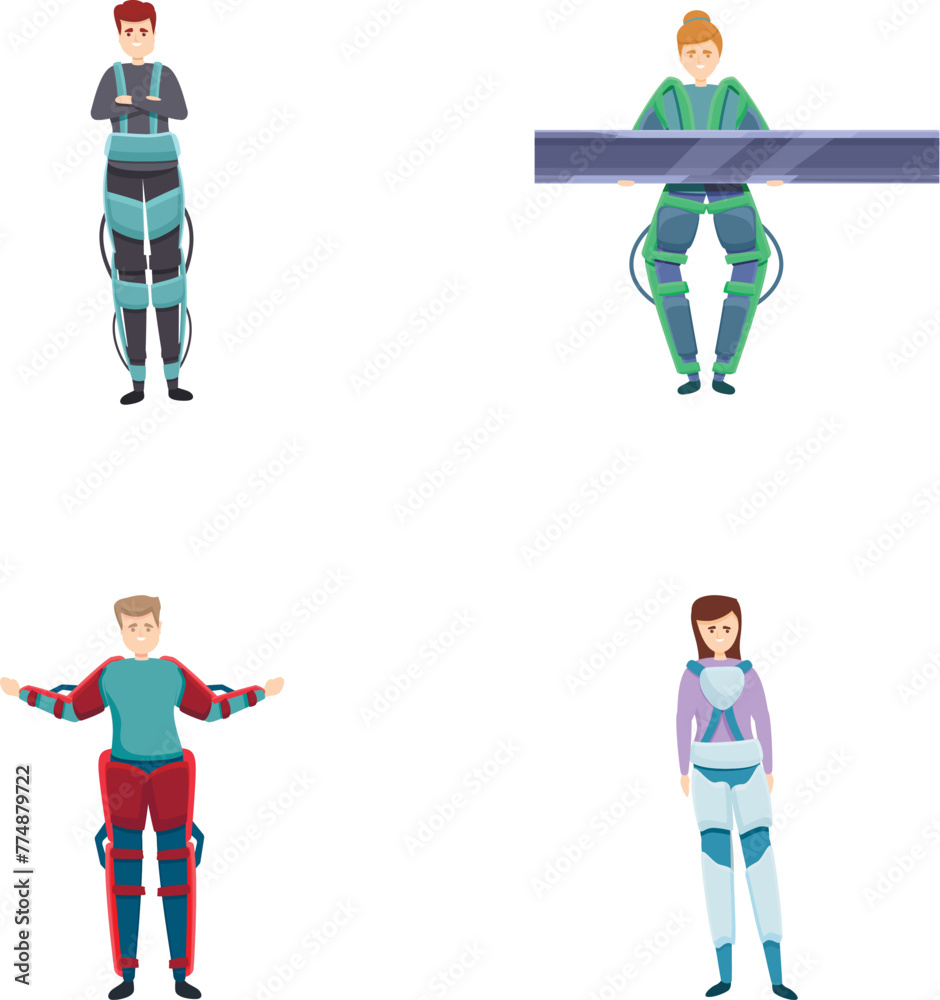 Exoskeleton icons set cartoon vector. People in robotic exoskeleton ...