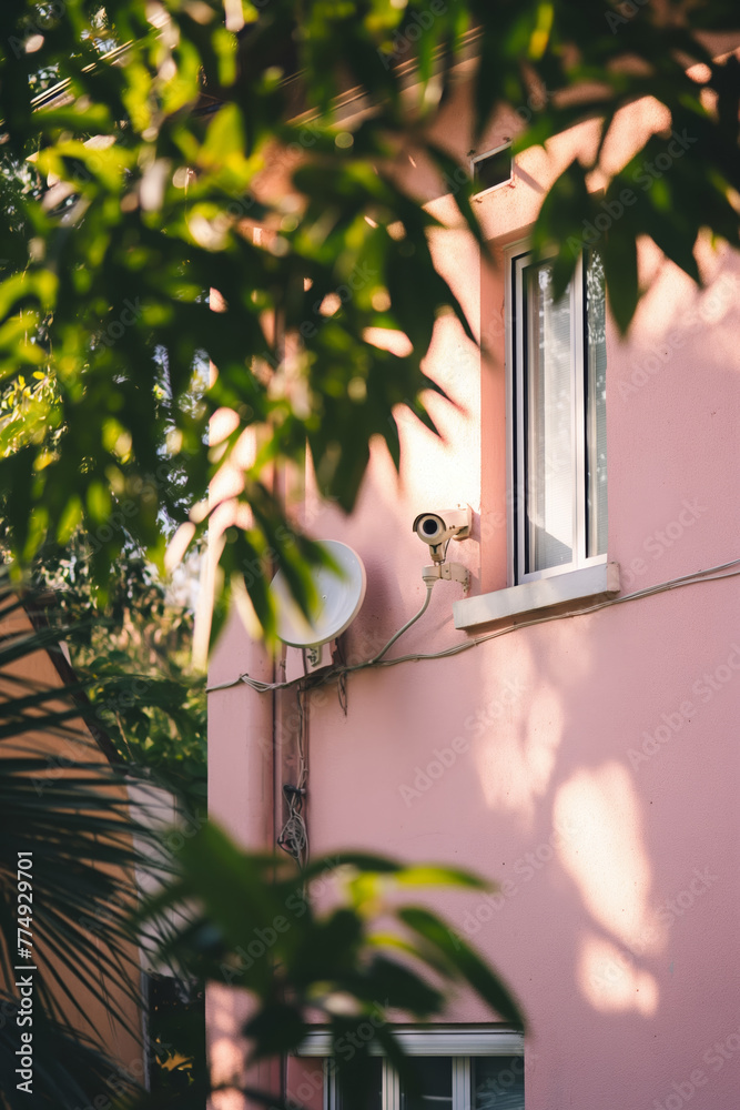 Surveillance camera in a residential area. Outdoor IP CCTV monitoring ...