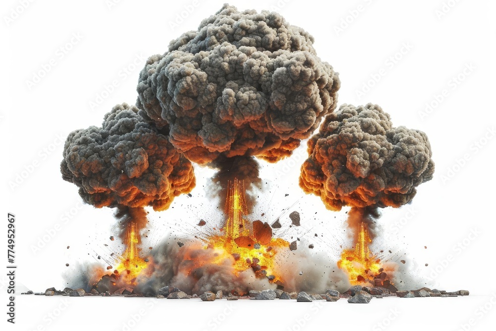 Multiple nuclear explosions and mushroom clouds, destructive atomic bombs isolated on white ...