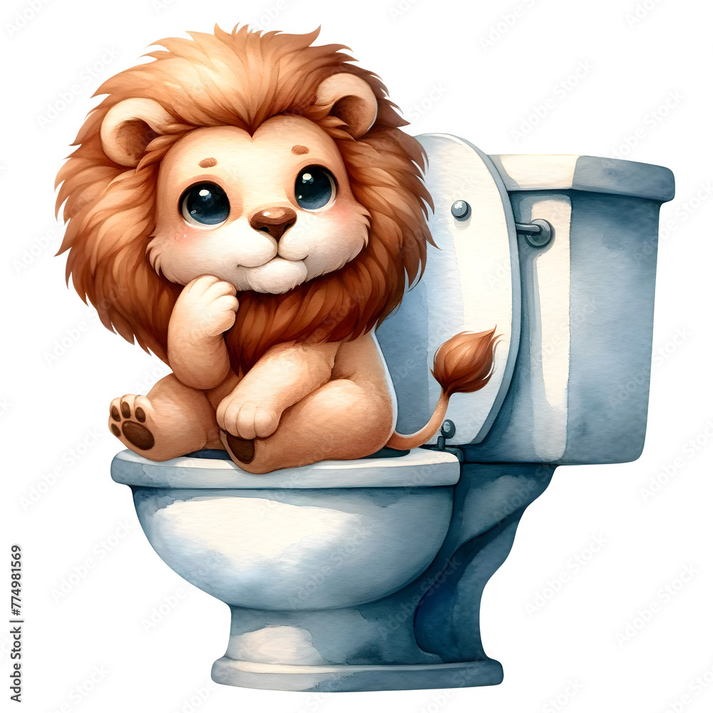Cute watercolor animal character is sitting and pooping on the toilet ...