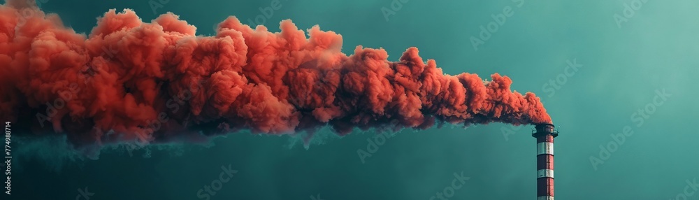 The red smoke billowing from the industrial chimney highlights the ...