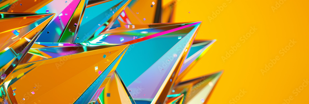 Collection of glossy, iridescent triangular prisms is arranged against ...