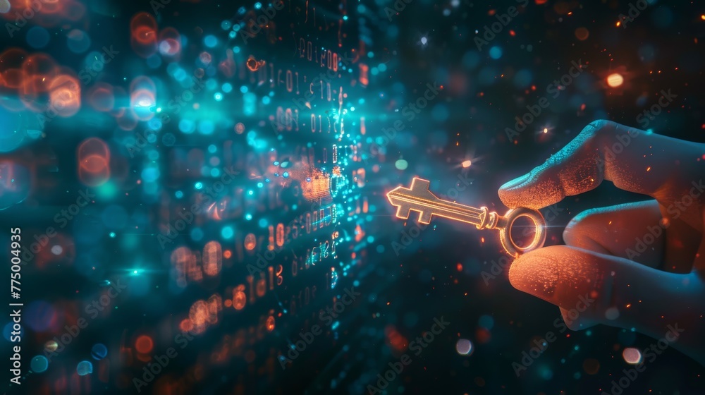 A hand holding a glowing key shaped like a chain unlocks a massive ...