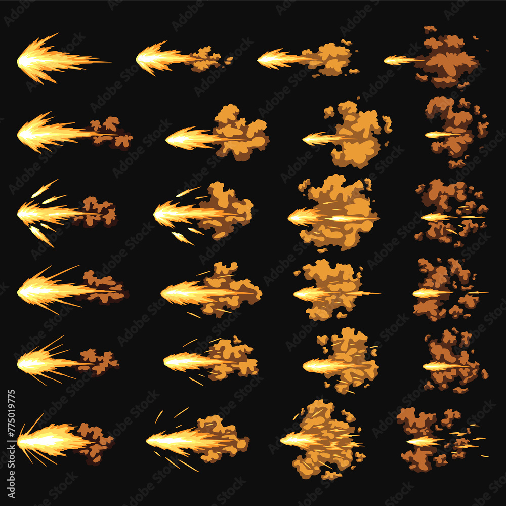 Gun flashes or gunshot animation. Collection of fire explosion effect during the shot with the ...