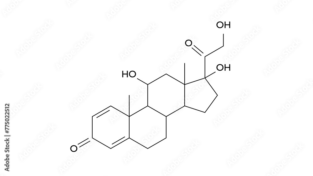 prednisolone molecule, structural chemical formula, ball-and-stick ...