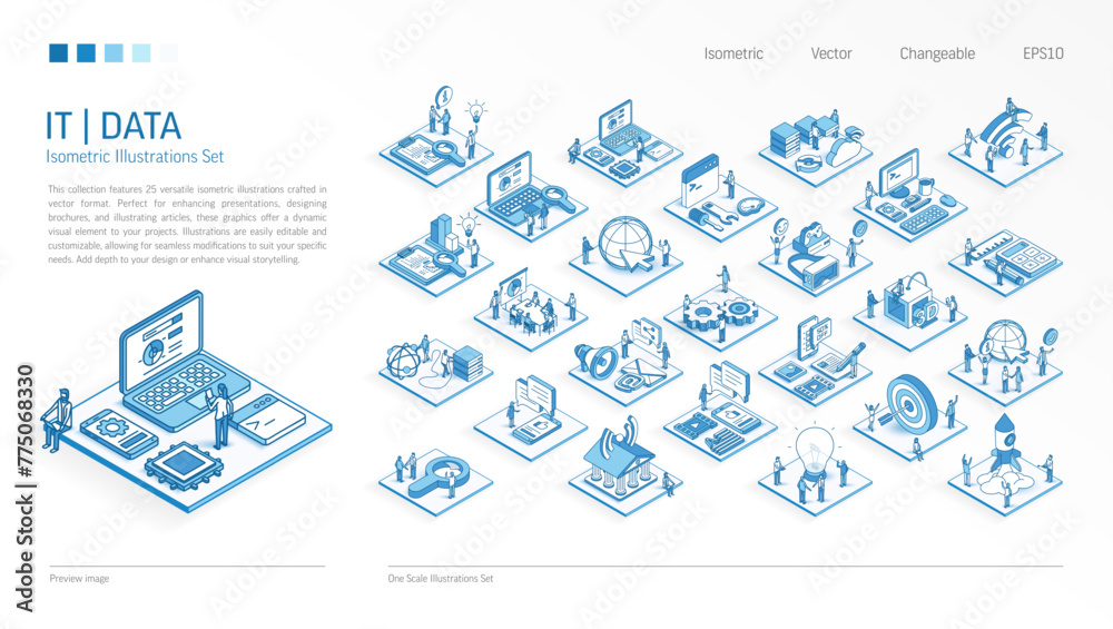 IT, Information, data technology business Isometric illustrations set. Busy people teamwork 3d ...