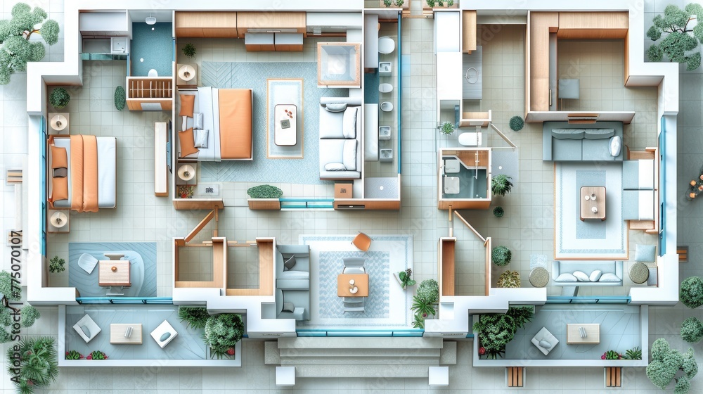 Graphic design of a hospital floor plan with color-coded sections ...