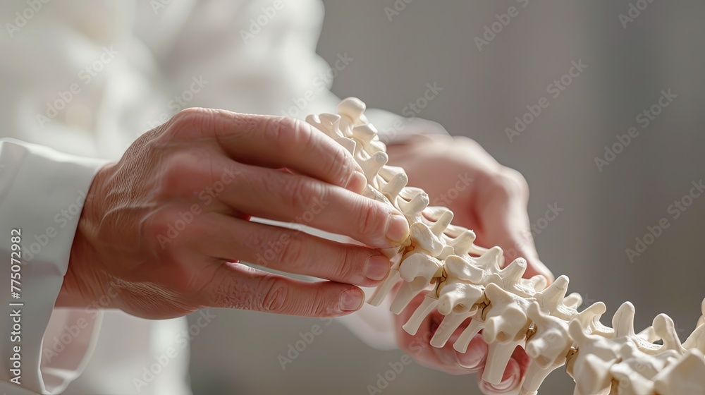 Detailed 3D model of the human spine being adjusted by virtual chiropractic hands highlighting ...