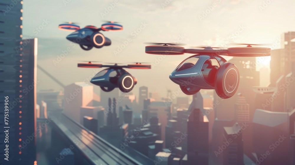 Urban air mobility concept, showing the use of flying cars and drones ...