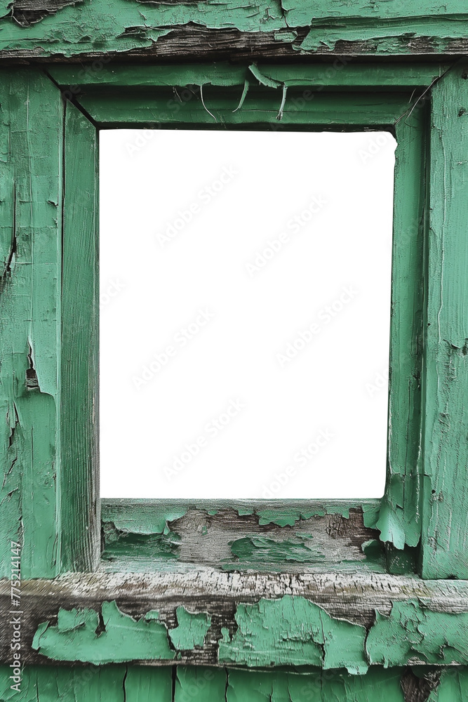 Old apocalyptic green wood window frame. Isolated transparent background PNG. Grunge cracked and ...