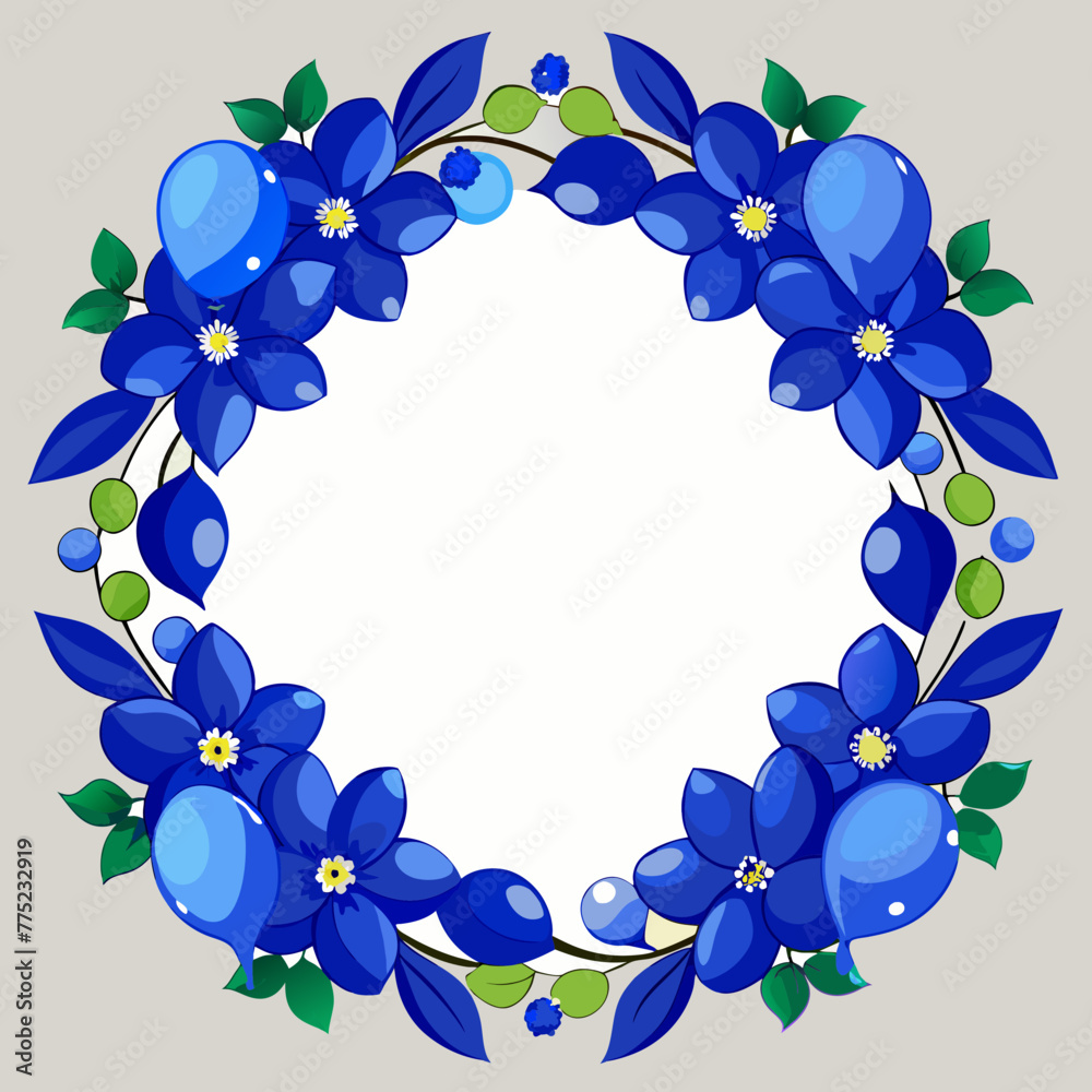 cobalt blue balloon flowers border frame illustration on light silver ...