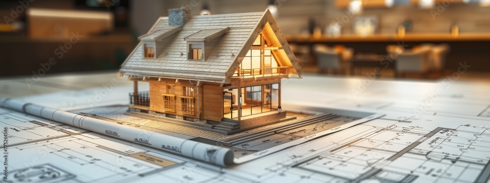 architect building drawing plan, 3D house model prototype visualization ...