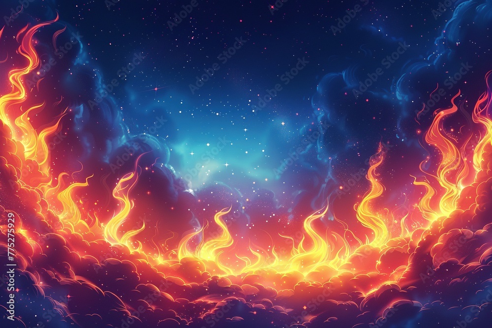 A cartoon vector illustration of a fiery frame with flickering flames ...