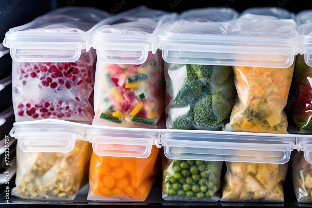 Neatly packed and labeled food containers with various frozen ...
