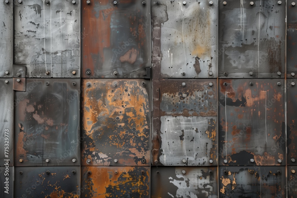 An array of metal panels bolted together, each bearing unique patterns ...