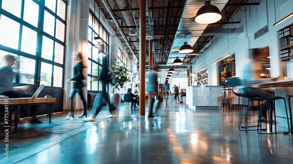 Dynamic office ambiance: blurred business space with engaged employees ...