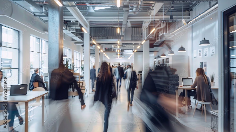 Dynamic office ambiance: blurred business space with engaged employees ...