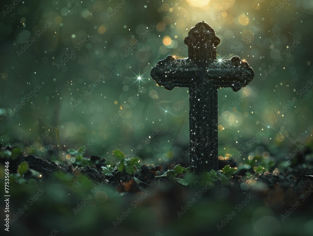 In a bioluminescent forest, a radiant cross emerges against a glow worm ...