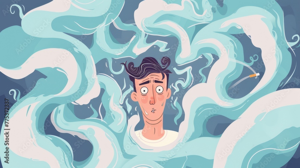 cartoon Illustration of a man surrounded by a swirl of cigarette smoke ...