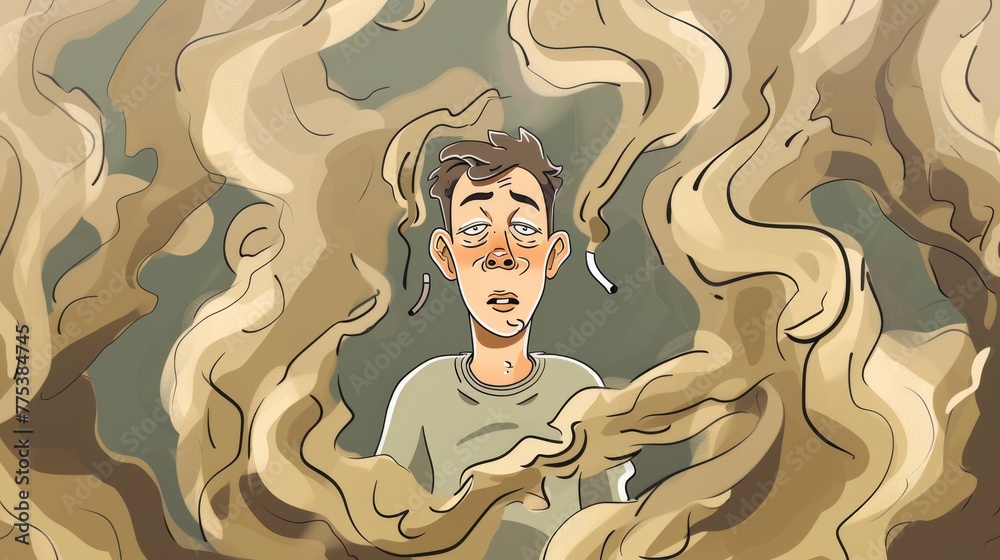 cartoon Illustration of a man surrounded by a swirl of cigarette smoke ...