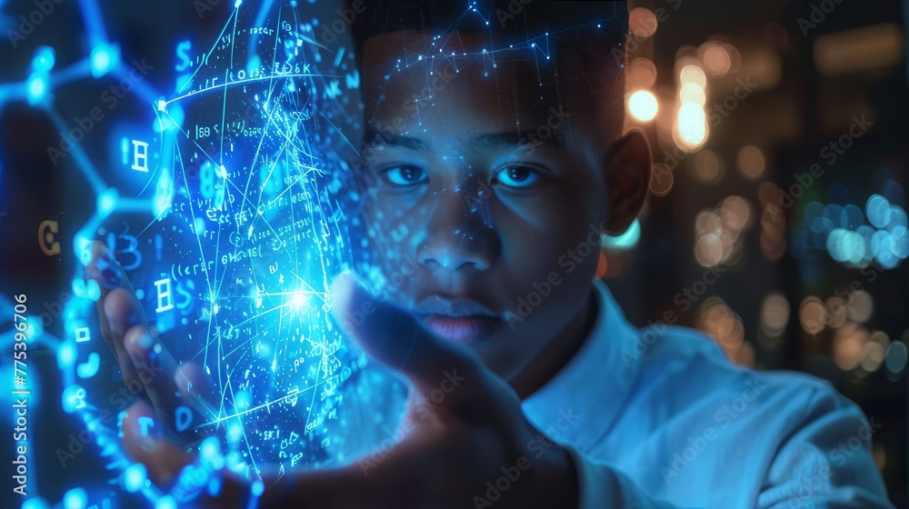 An African American scientist is looking at the invention of a ...