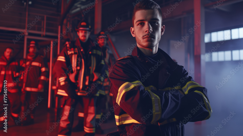 firefighters at the fire station A confident firefighter standing with ...