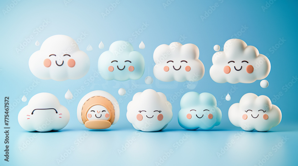 Illustration of various cute, smiling cloud characters with different ...