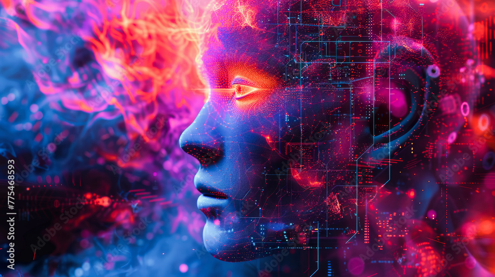Digital artwork of a human profile interwoven with vivid cybernetic ...