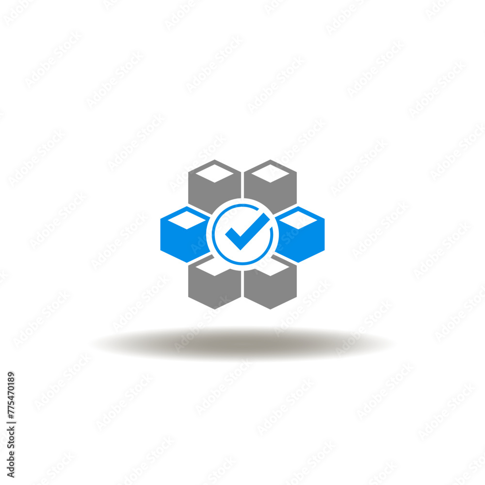 Vector illustration of block chain flowchart and check mark. Icon of DEFI. Symbol of blockchain ...