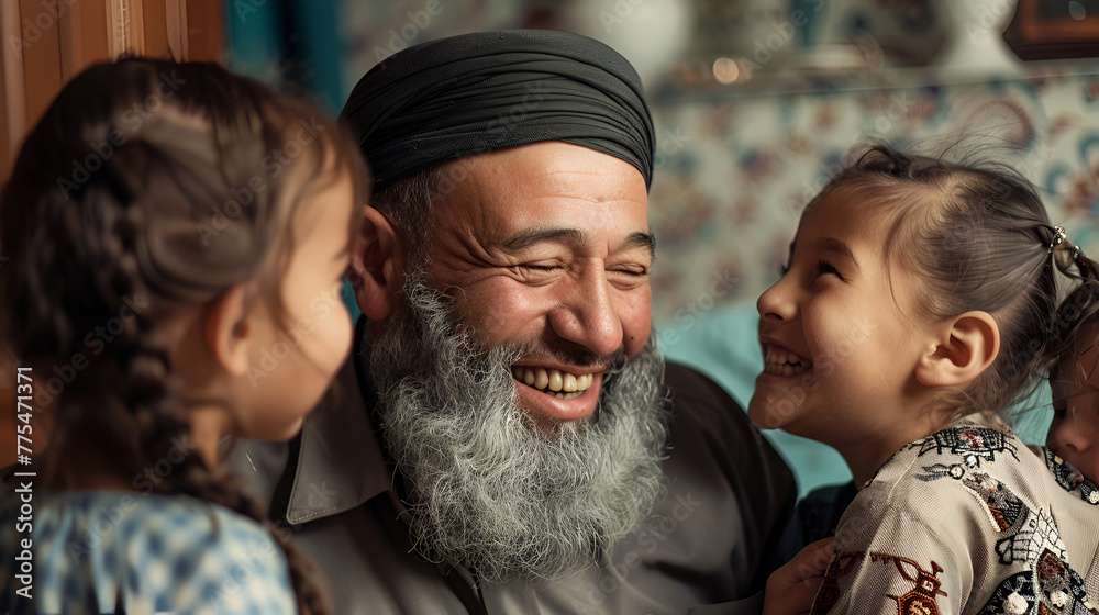 Muslim father with beard greeting kids on eid day, giving eidi, happy ...