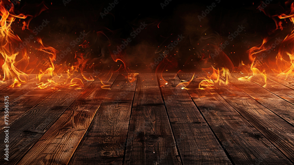 Empty Wooden Table with Fire burning, Fire flames on a dark background ...