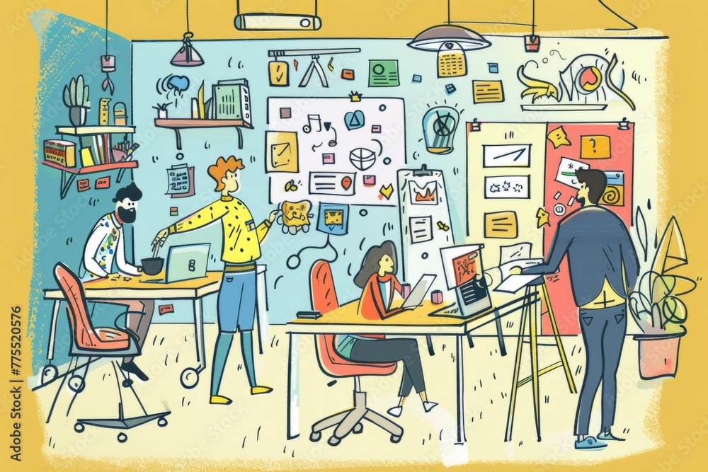 Cartoon cute doodles of a co-working space, with characters ...