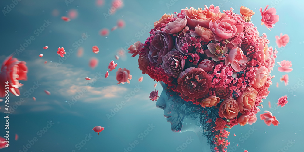 Photo Stock Mental wellbeing concept with brain made from flower bloom ...